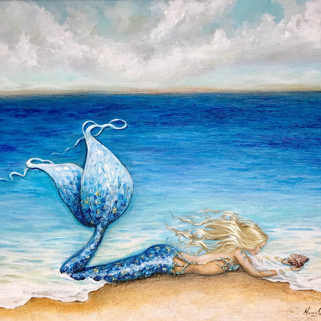 Blonde Mermaid on Ocean Beach Art Print of Painting - Etsy