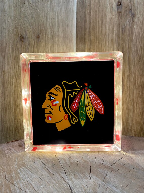 Chicago Blackhawks Hockey HAWKS Glass Block Unique | Etsy