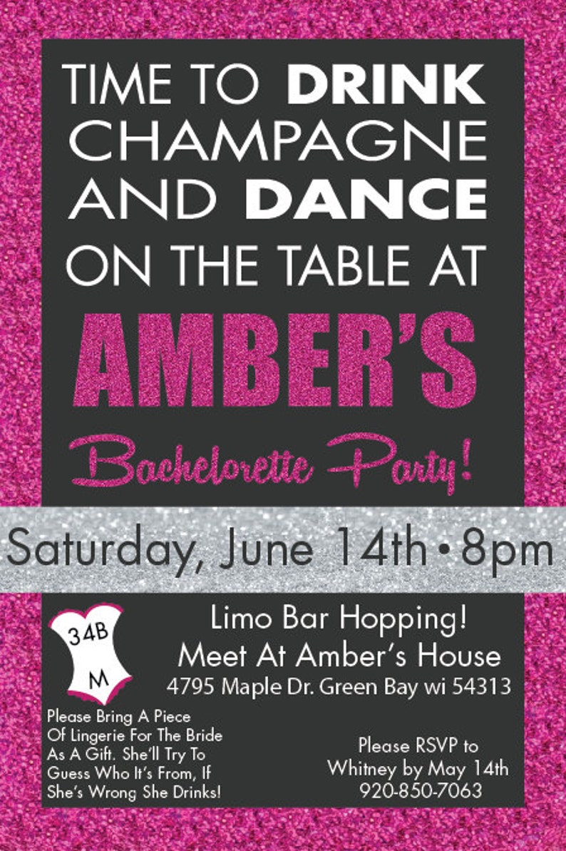 Hot Pink And Silver Glitter Bachelorette Party Invitation Etsy