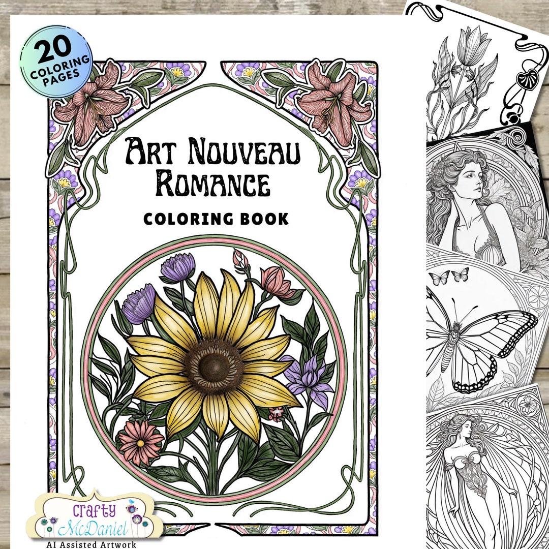 Art Nouveau Romance Coloring Book Women Flowers Butterfly Moth Stained ...