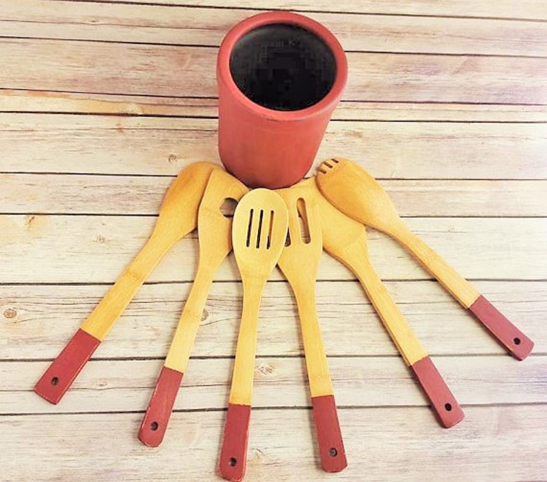 Red Kitchen Utensil Set and Holder | Barn Red Kitchen Decor | Farmhouse ...