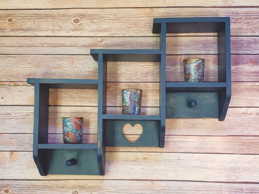 Navy Blue Wood Wall Display Shelf Shadow Box Americana Farmhouse Chic ...