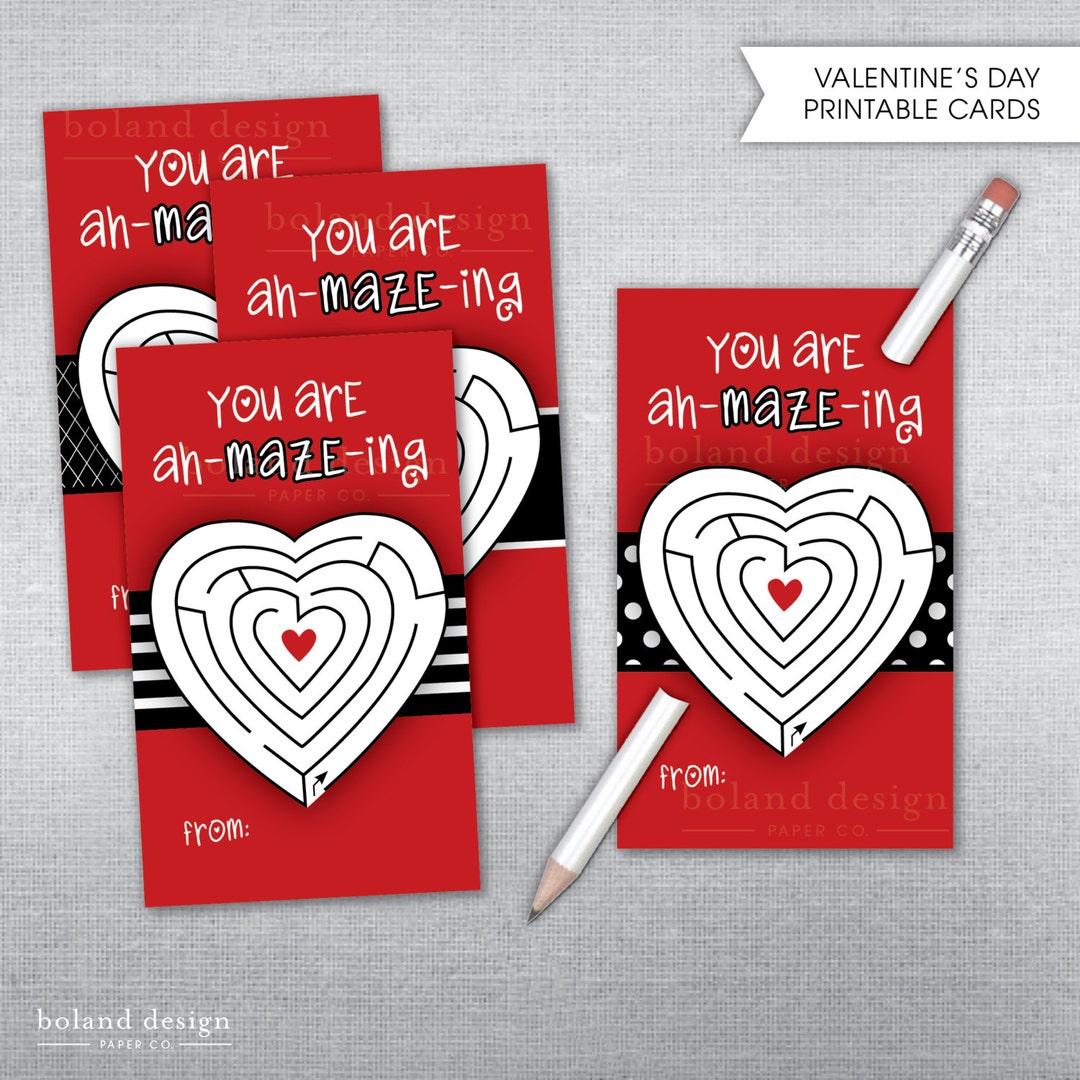 INSTANT DOWNLOAD Valentine's Day Cards. Printable Maze and Pencil ...