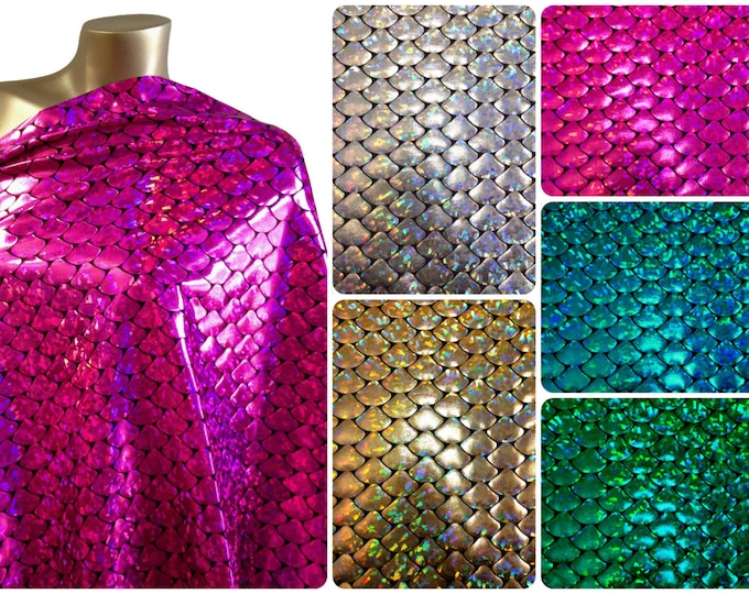 Shiny Holographic Foil Mermaid Scales Pattern on Black Stretch Nylon ...