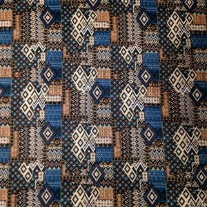 Blue & Tan Tribal Pattern on Stretch Brushed Knit Jersey Polyester ...