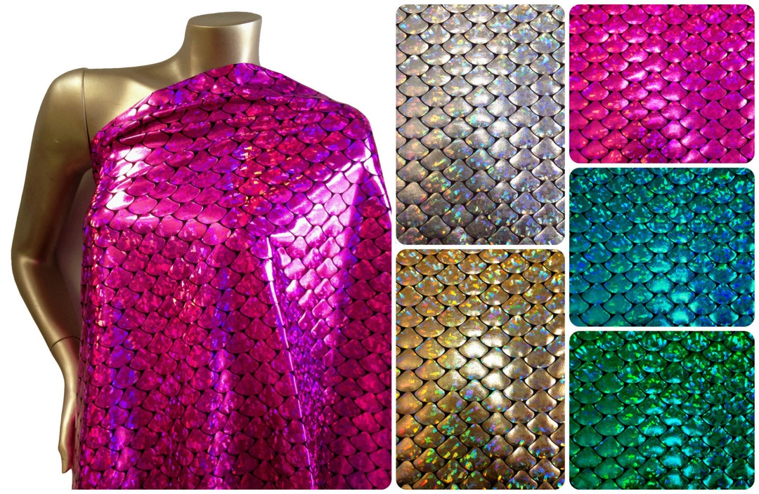 Shiny Holographic Foil Mermaid Scales Pattern on Black Stretch Nylon ...