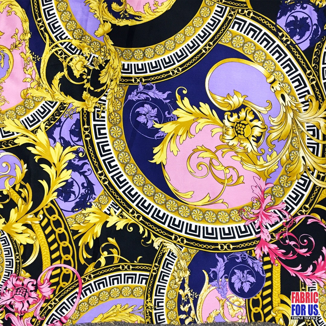 Non-stretch Ornate Greek Key Design Print Purple / Gold Fabric 58" Wide ...
