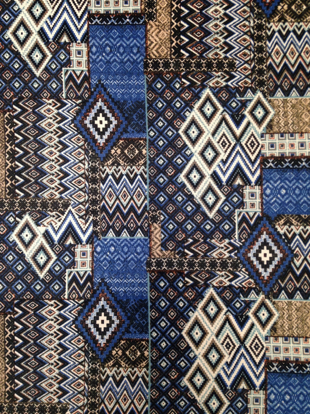 Blue & Tan Tribal Pattern on Stretch Brushed Knit Jersey Polyester ...
