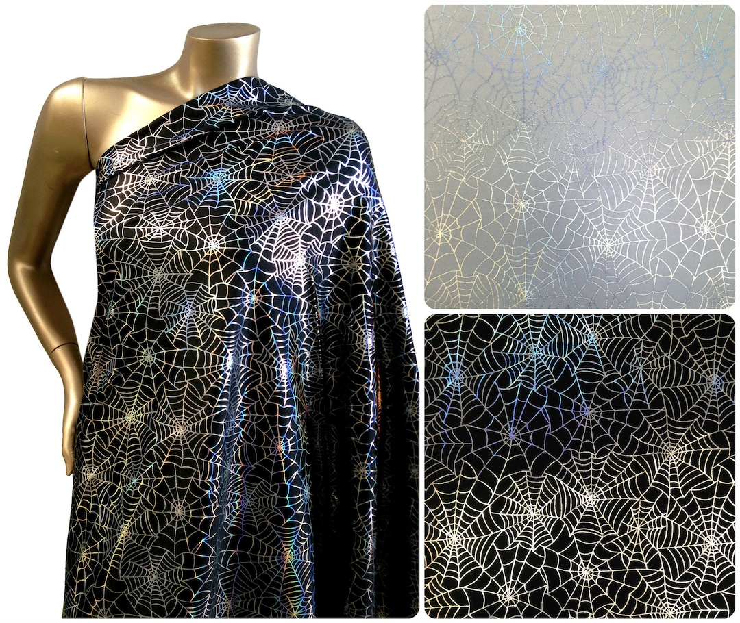 Spiderweb Pattern Shiny Silver Iridescent Foil on Stretch Nylon Spandex ...
