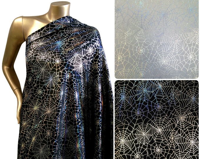 58/60 Wide Spiderweb Pattern Shiny Silver Iridescent Foil on Stretch ...