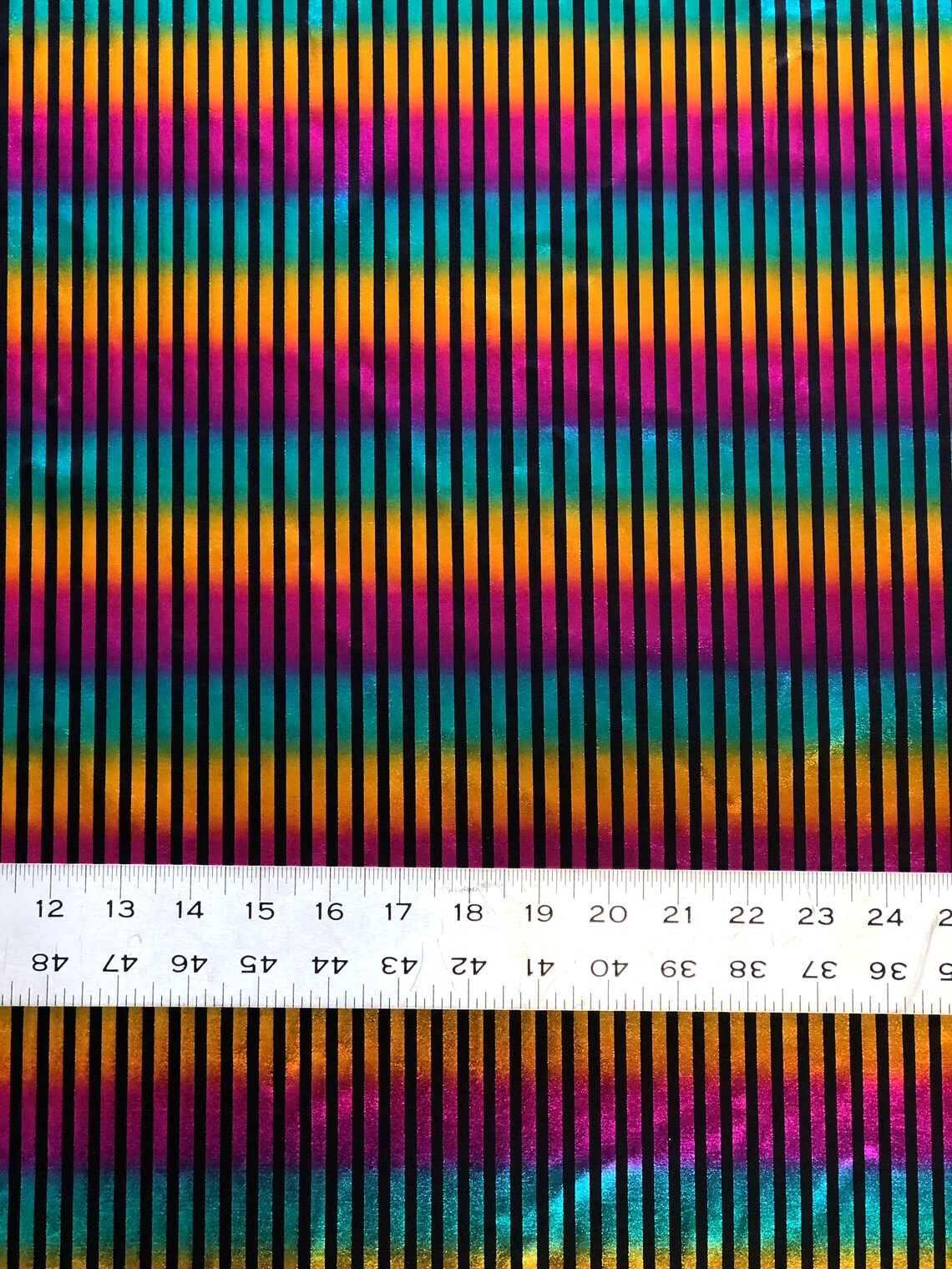 Foil Multi Color Vertical Stripes on Black Nylon Spandex Tricot Fabric ...