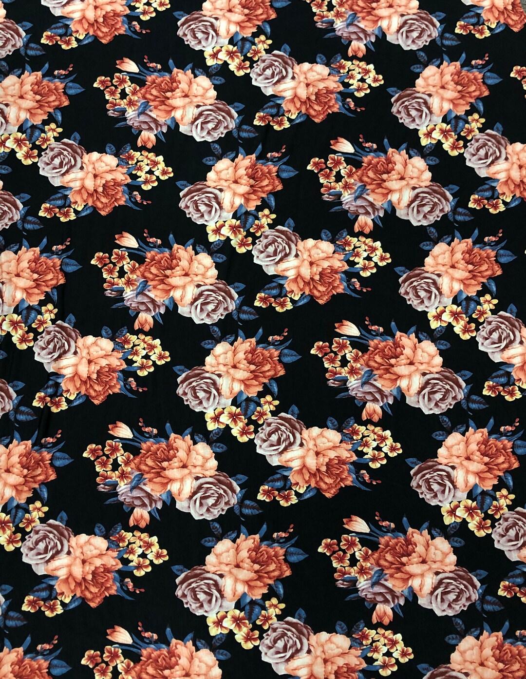 Beautiful Floral Print on Black Polyester Spandex Bulgari Fabric by the ...