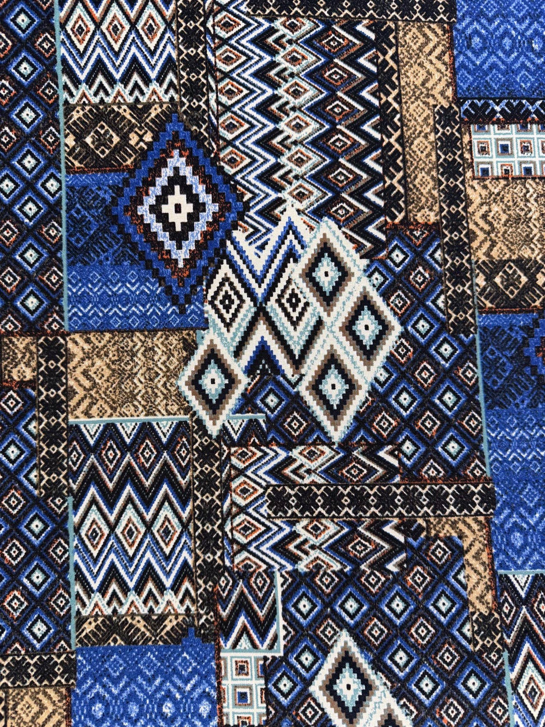 Blue & Tan Tribal Pattern on Stretch Brushed Knit Jersey Polyester ...