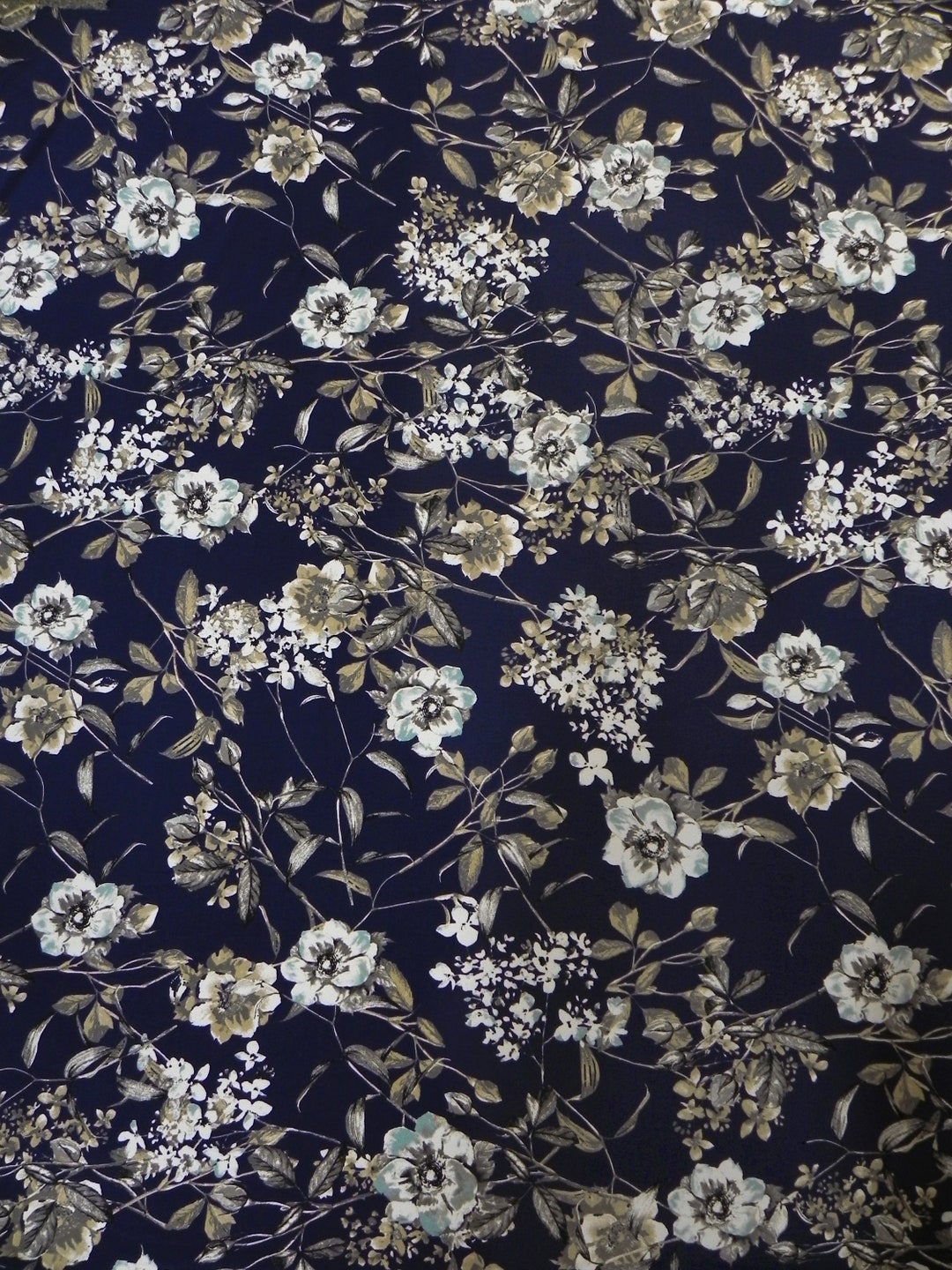 Vintage Floral Design on Navy Polyester Bulgari Spandex Fabric - Etsy