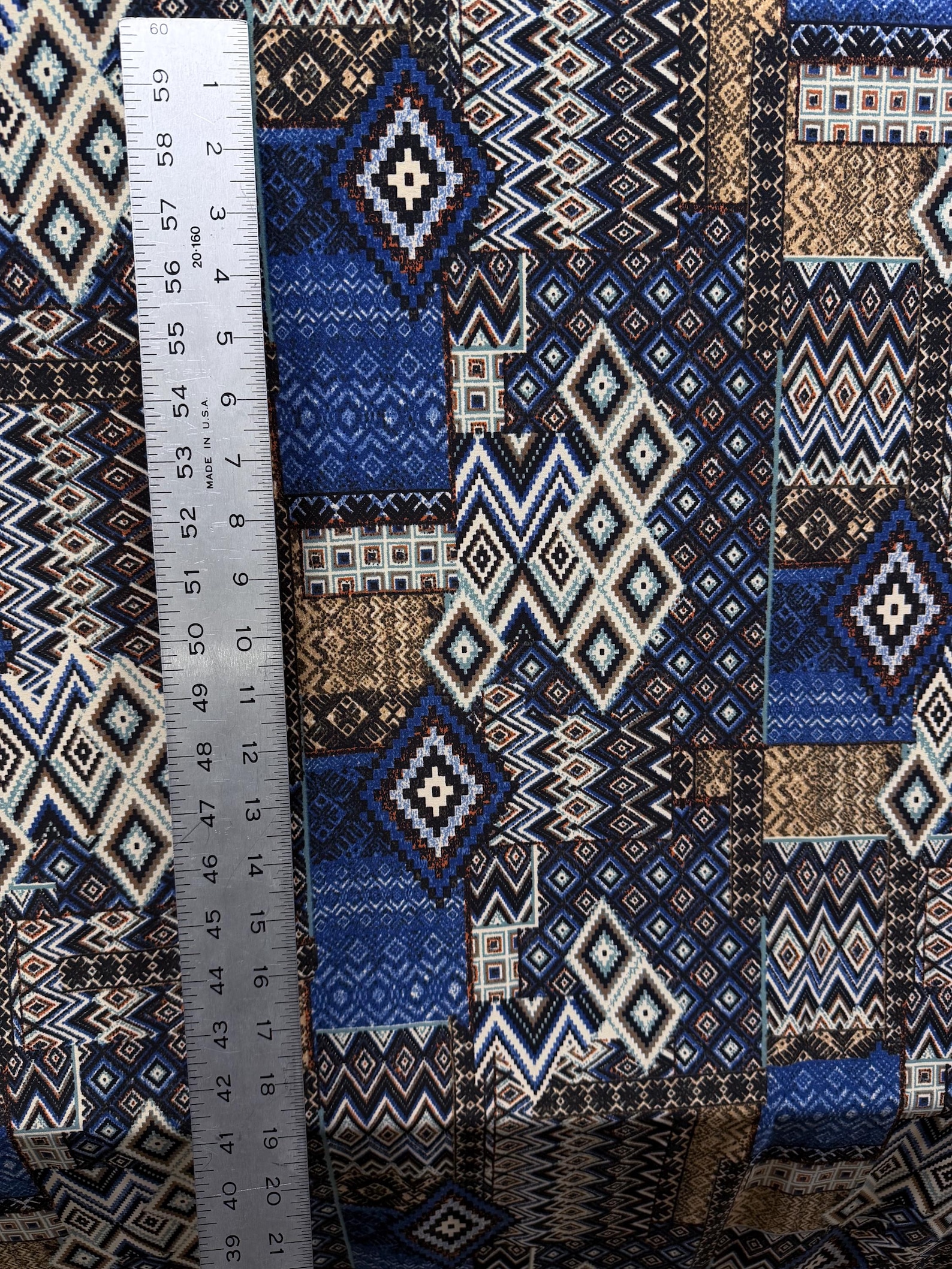 Blue & Tan Tribal Pattern on Stretch Brushed Knit Jersey Polyester ...
