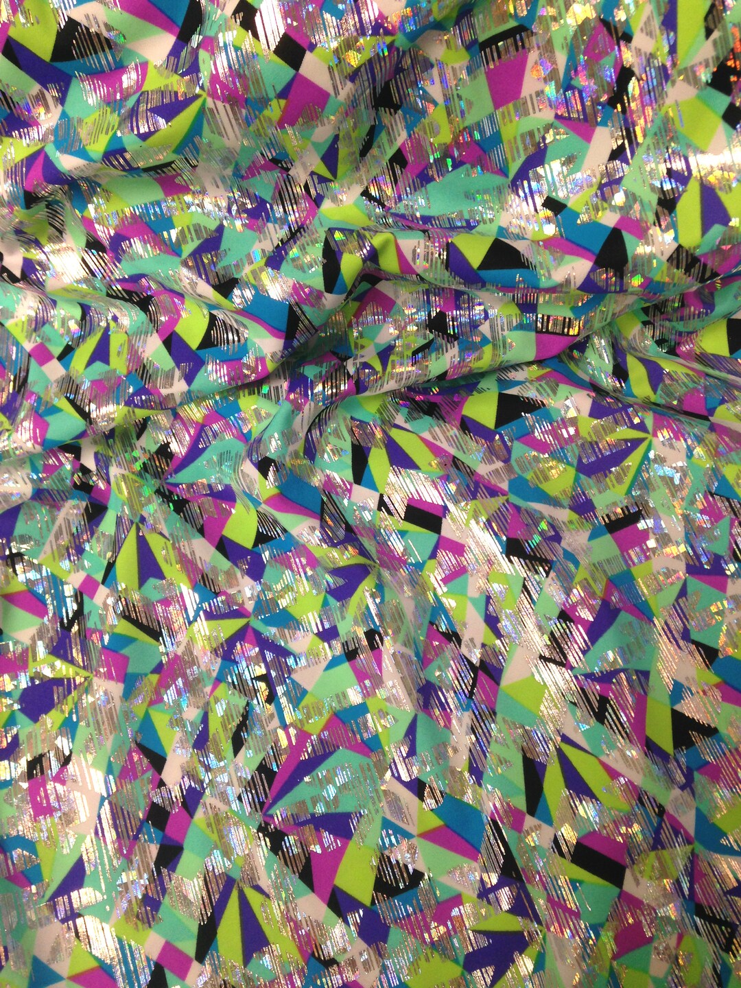 Pastel Geometric Print W/ Silver Holographic Foil on Stretch Nylon ...