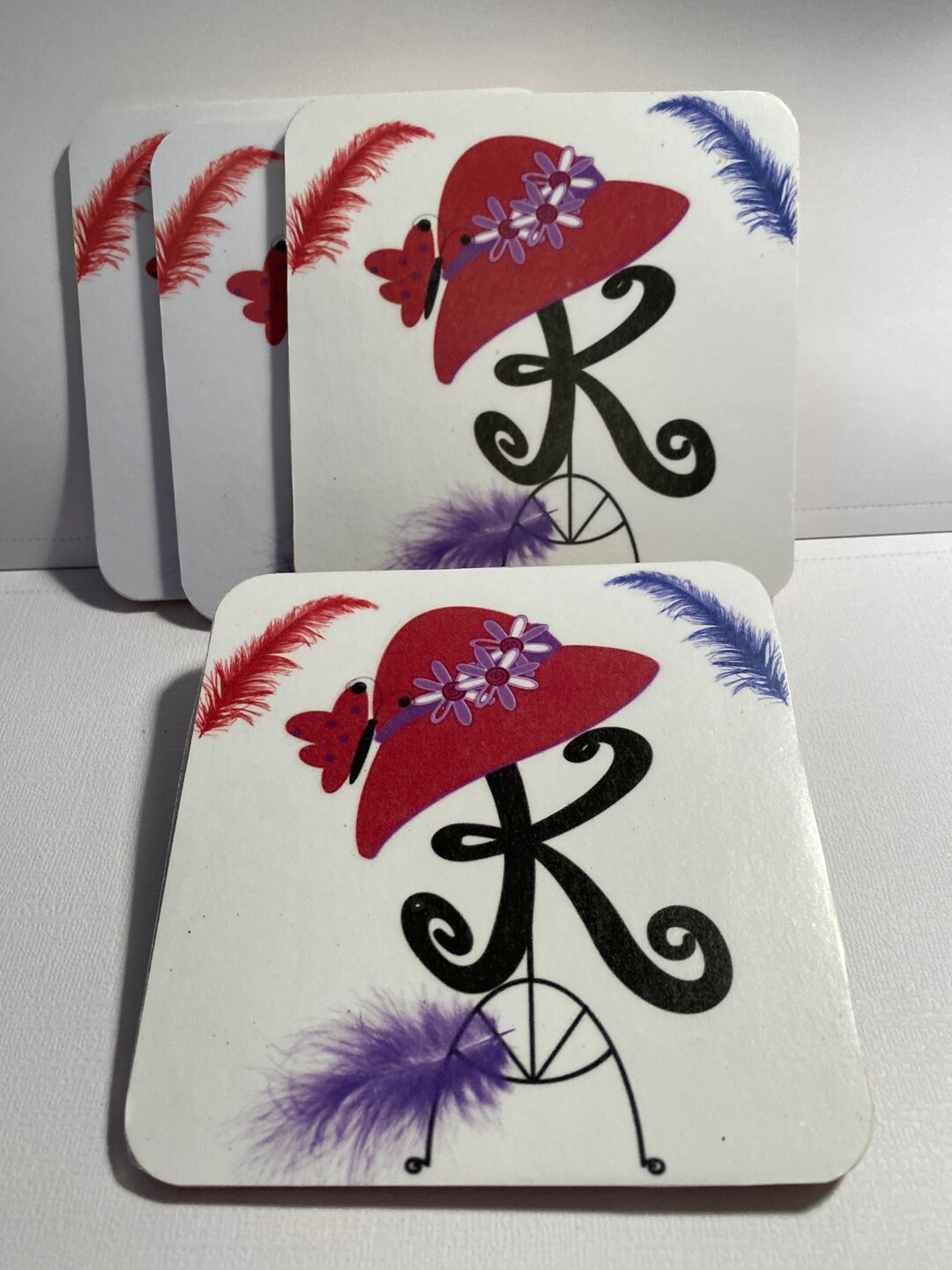 Red Hat Whimsical Monogram Coasters - Etsy