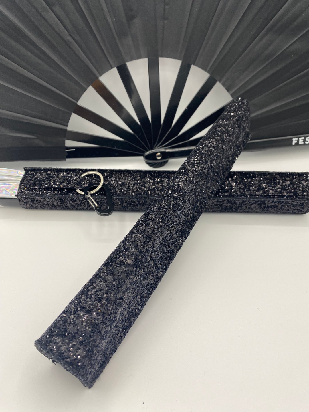 Black Glitter Denim Festival Clack Fan Holder With Carabiner - Etsy