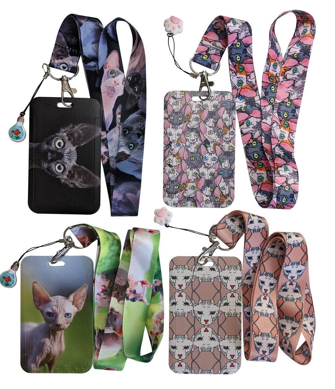 Sphynx Cats - ID Card Holder With Cat Lanyard Charm - ID Badge Holder ...