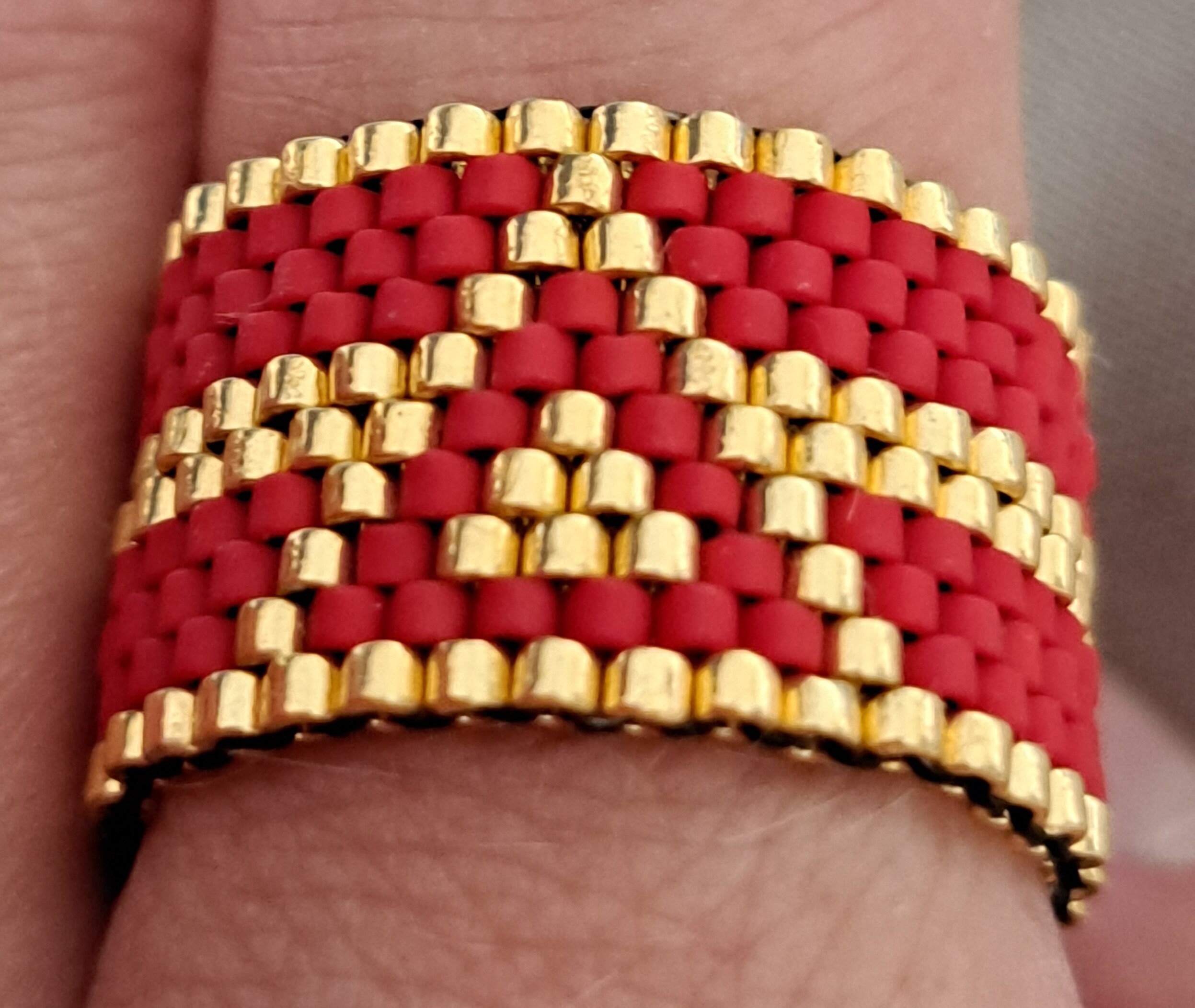 Red & Gold High End Seed Beaded Ring Band Geometric Triangle, Miyuki ...
