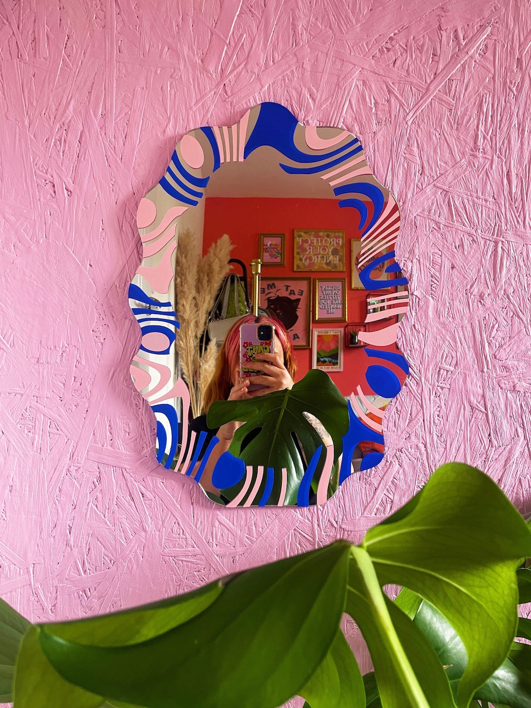 Electric Blue & Pastel Pink Wavy Mirror - Etsy