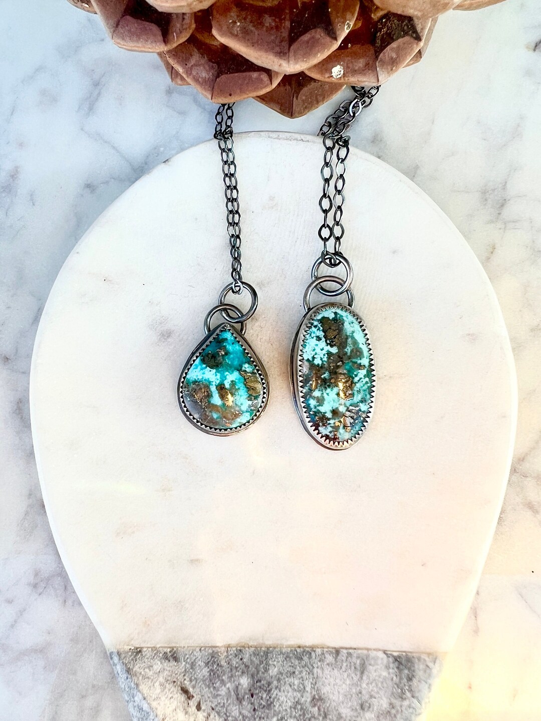 Teardrop Turquoise Necklace, Turquoise Pyrite Necklace, Oval Turquoise ...