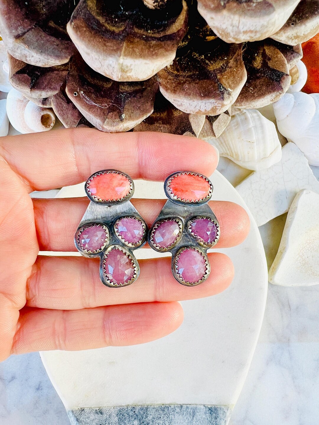 Handmade Spiny Oyster & Pink Sapphire Ear Jackets: Sterling Silver ...
