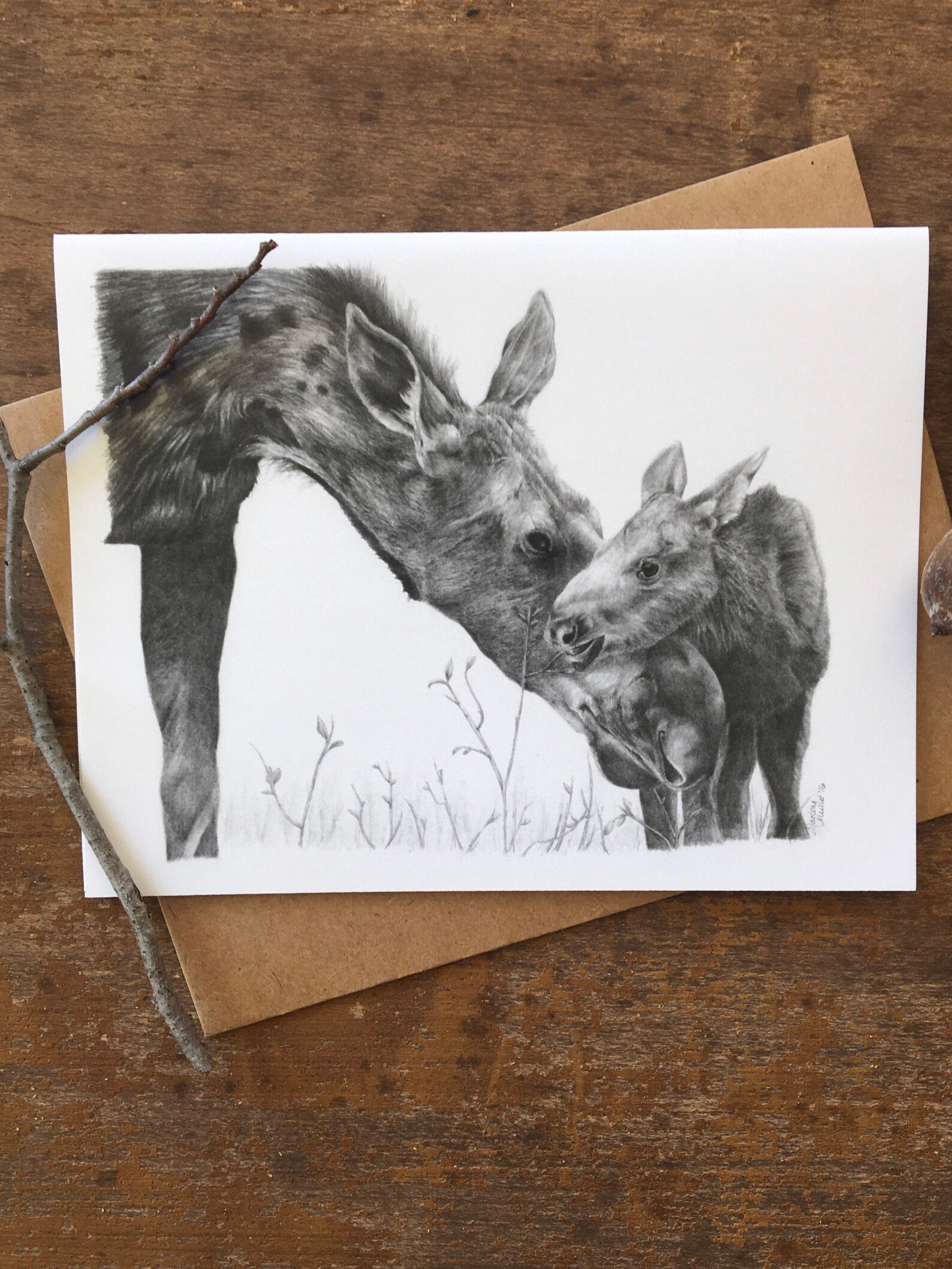 Moose Note Card Set, Wildlife Art Card, Moose With Baby, Moose Art ...
