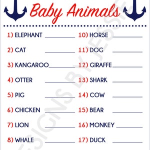 Name the Baby Animals, Printable Baby Shower Game, Nautical Theme, Red ...