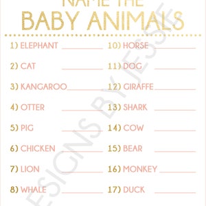 Name the Baby Animals, Printable Baby Shower Game, Pink and Gold Baby ...