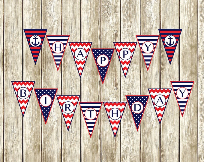 Nautical Party Printable Banner and Mini Cake Bunting. Red White Blue ...