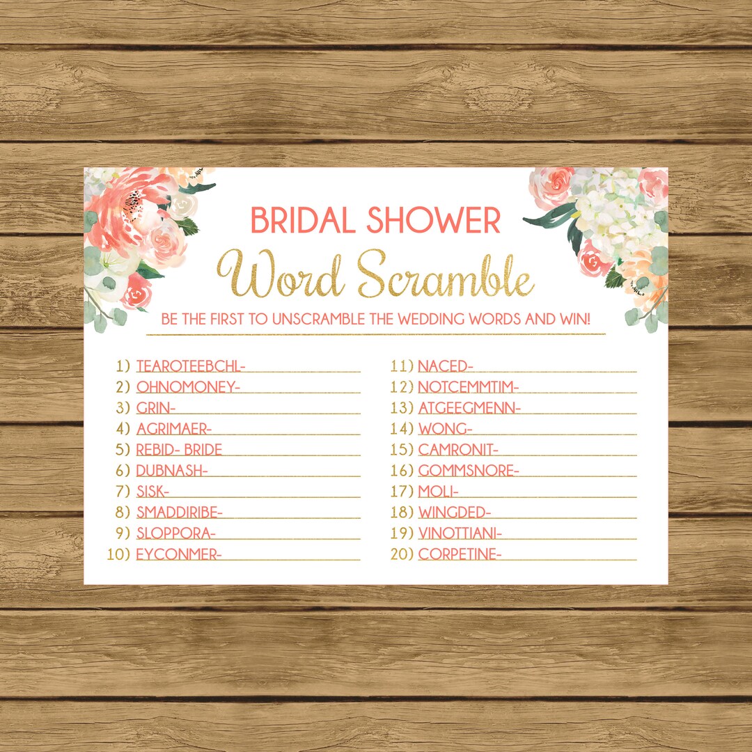 Bridal Shower Word Scramble, Peachy Floral, Instant Download, Printable ...