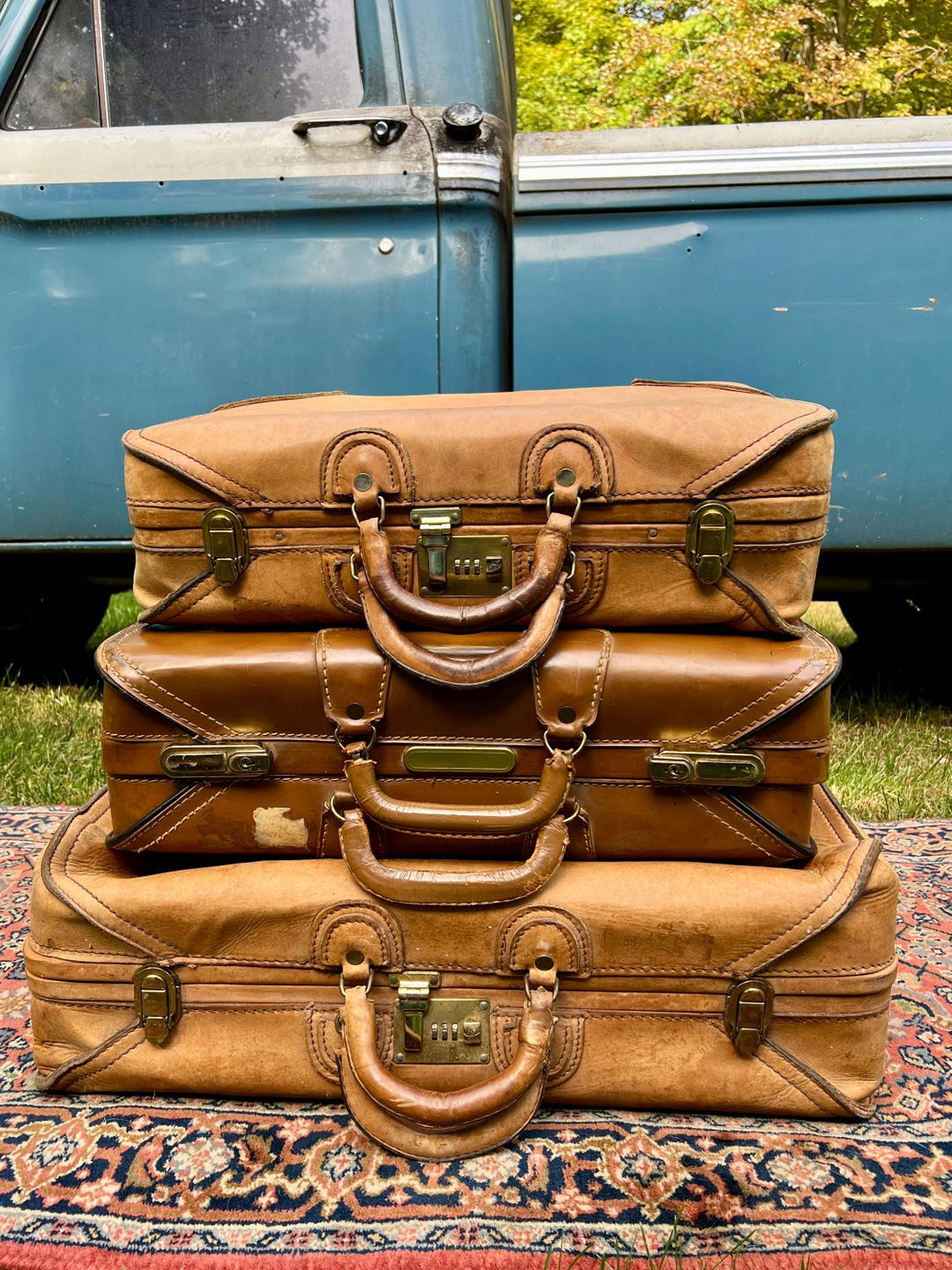 Vintage Leather Suitcase Set: Stackable Home Decor, Presto Lock - Etsy