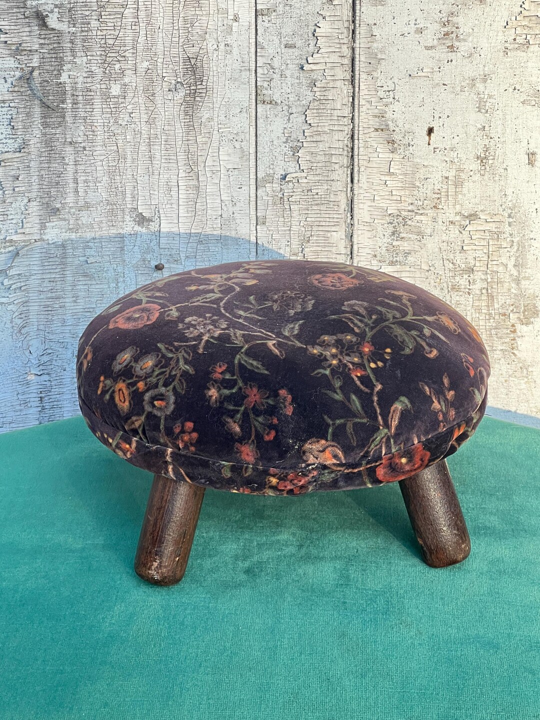 Vintage Foot Stool, Antique Foot Stool, Wood Rounded Legs, Velvet ...