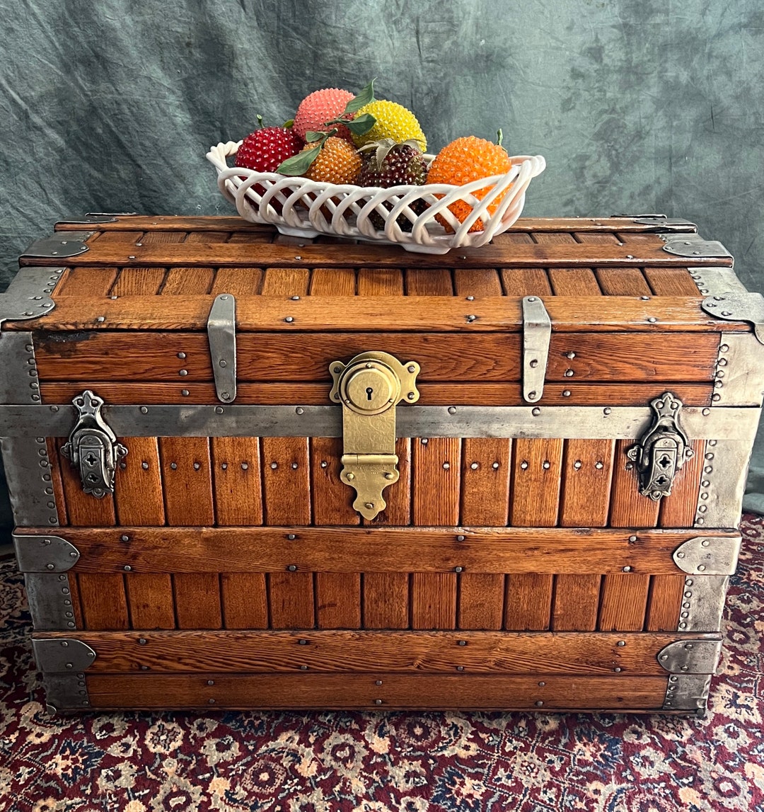 Antique Refinished Oak Slat Trunk, Vintage Storage, Farmhouse Style, Ca ...