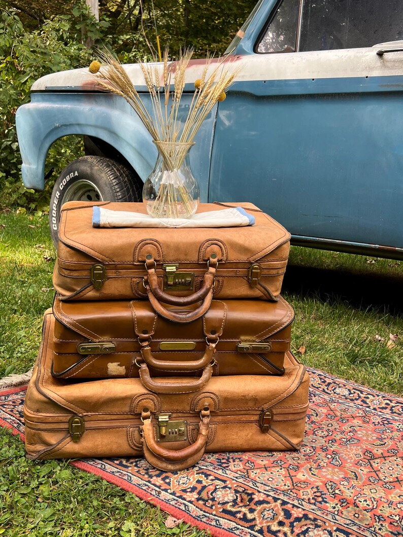 Vintage Leather Suitcase Set: Stackable Home Decor, Presto Lock - Etsy