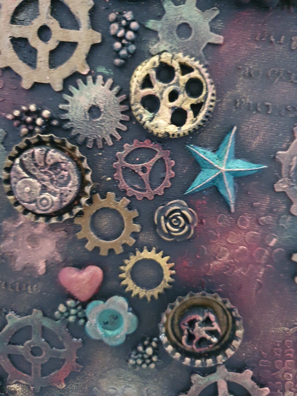 A4 Steampunk cogs & wings mixed media canvas watch movement - Etsy.de