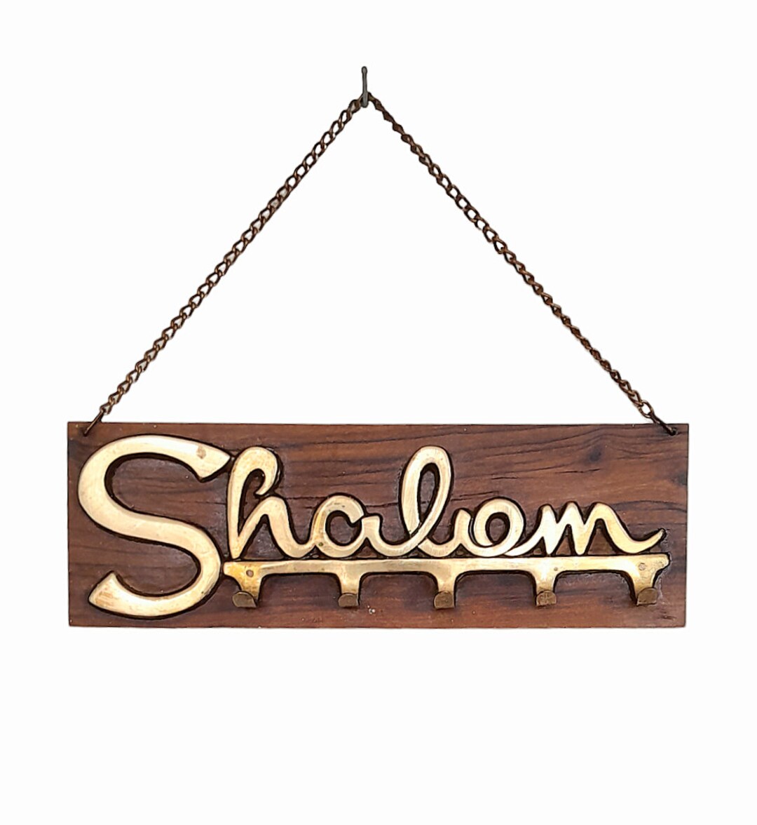 Vintage Solid Brass and Wood SHALOM Door Sign Wall Hooks Wall Decor Key ...