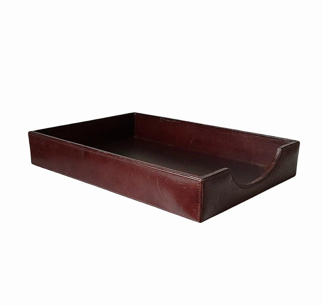 Vintage Brown Leather Legal Sized Paper Tray in Out Box Office Desk ...