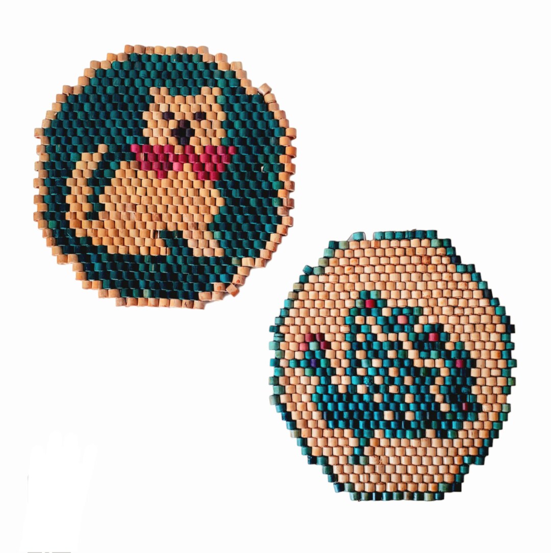Vintage Bamboo Wood Bead Trivets Set of 2 Cat and Peacock - Etsy