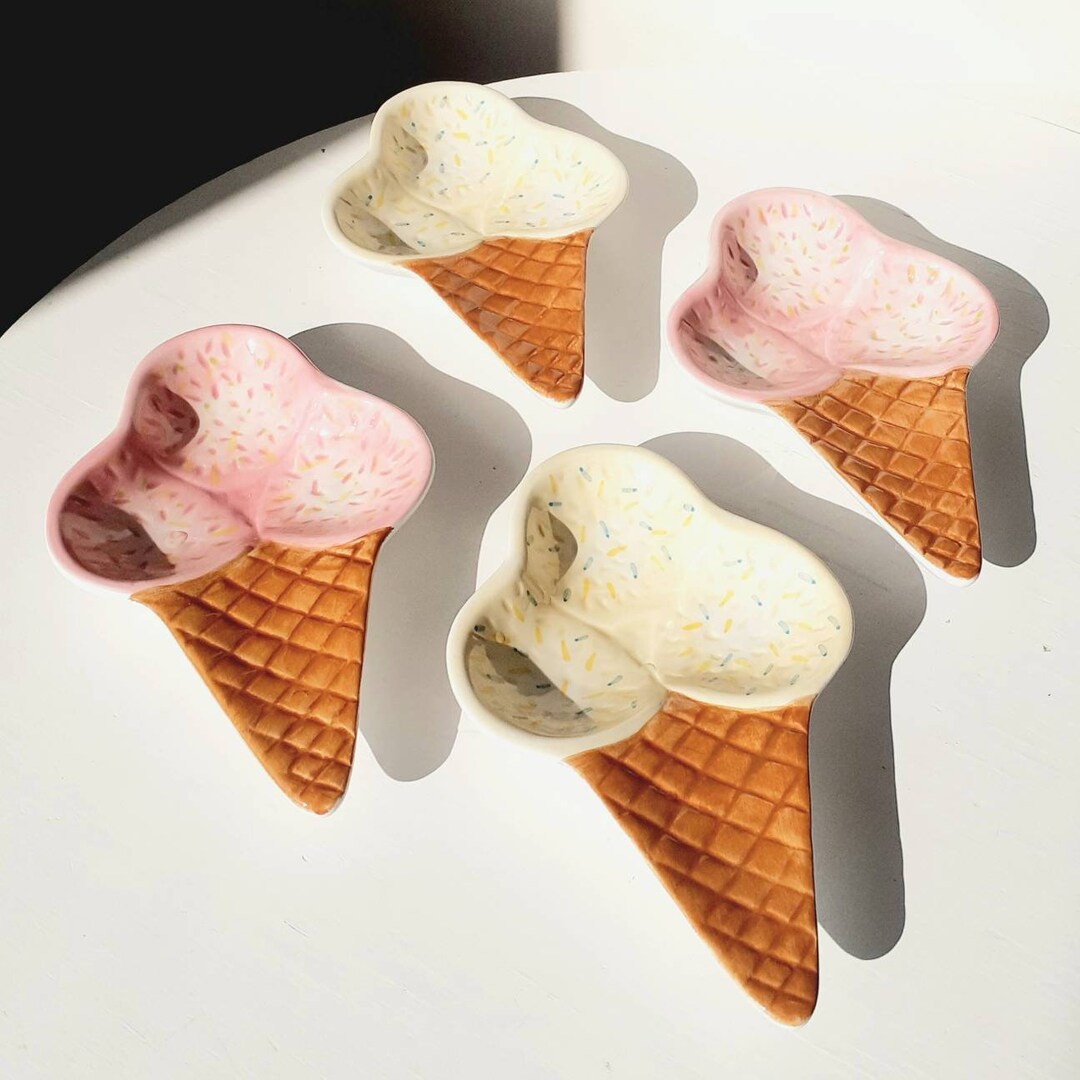 Modern Glazed Ceramic Pink and Cream Ice Cream Cone Plates Set of 4 - Etsy