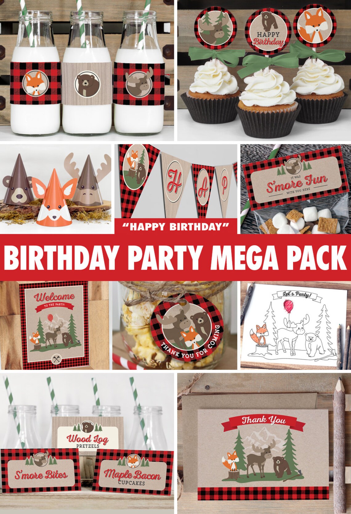 Birthday Party Mega Pack Buffalo Plaid Woodland // INSTANT - Etsy