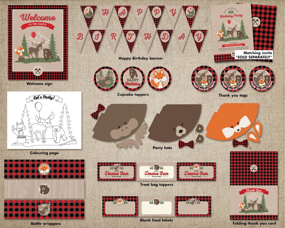 Birthday Party Mega Pack Buffalo Plaid Woodland // INSTANT - Etsy