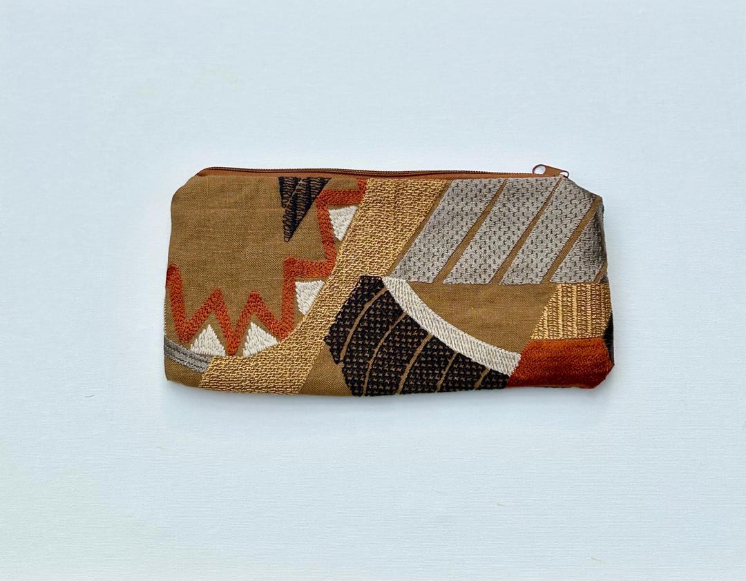 Embroidered Collage Zipper Bag: Cotton Canvas Lined Clutch (11x5.5 In ...