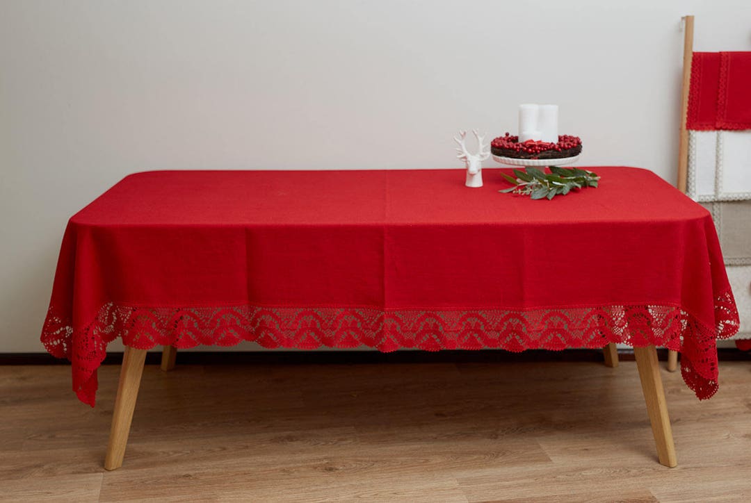 LINEN Christmas TABLECLOTH, Red Linen Tablecloth With French Lace ...