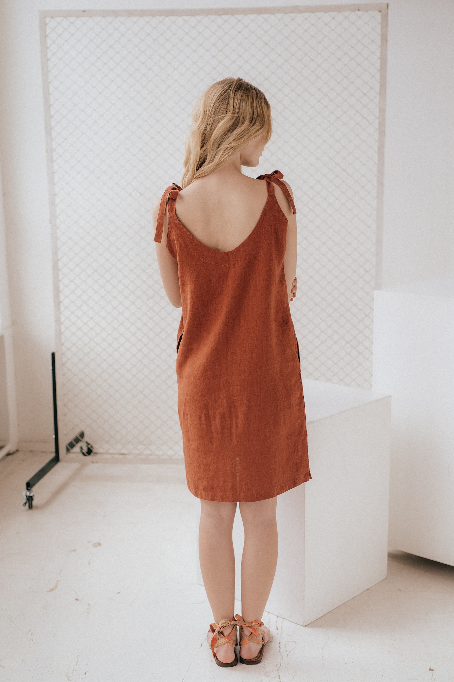 Linen Slip Dress, Rust Orange Linen Dress With Ties, Strappy Linen ...