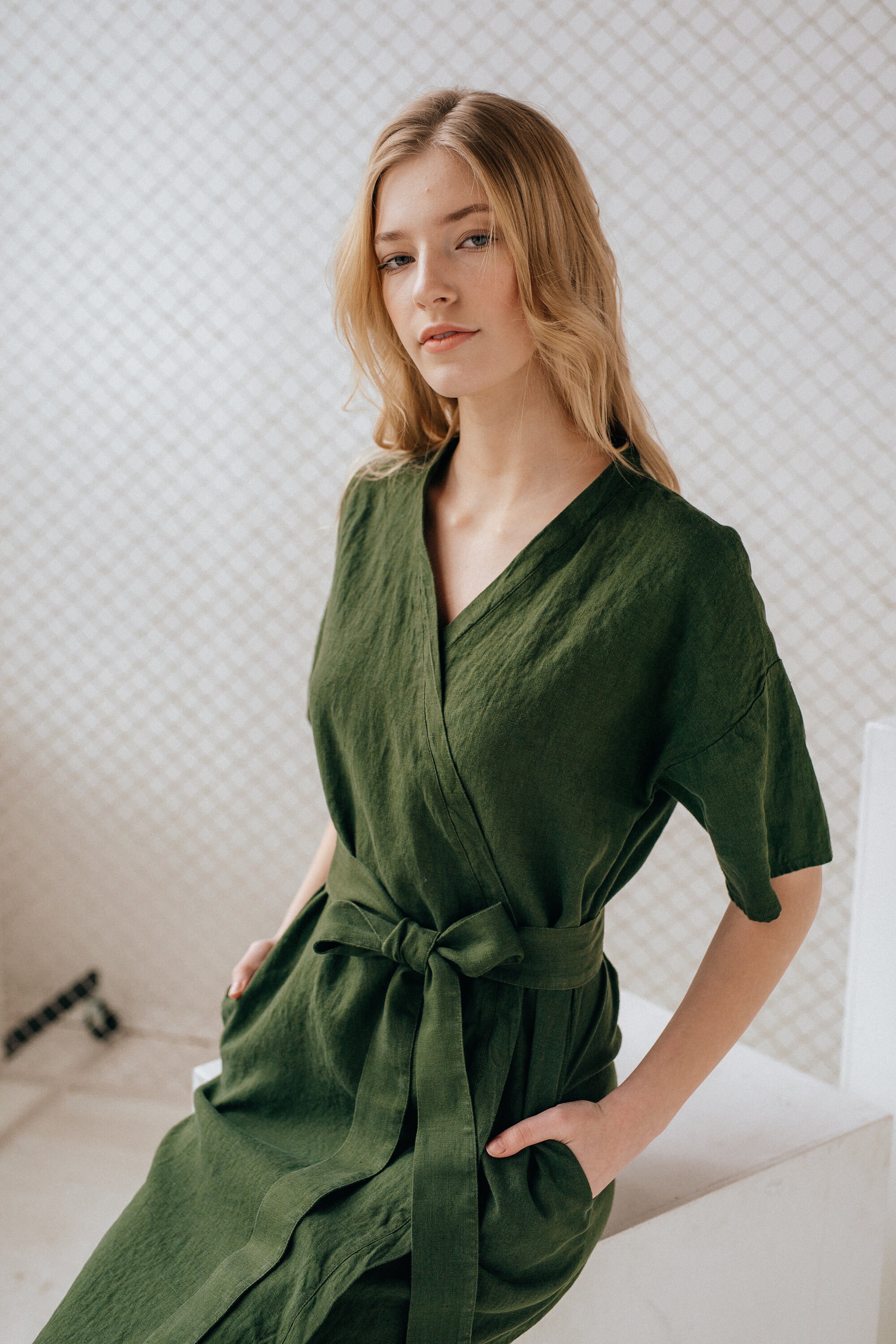 Linen Wrap Dress Linen Robe Dress Linen Kimono Sleeve Dress | Etsy