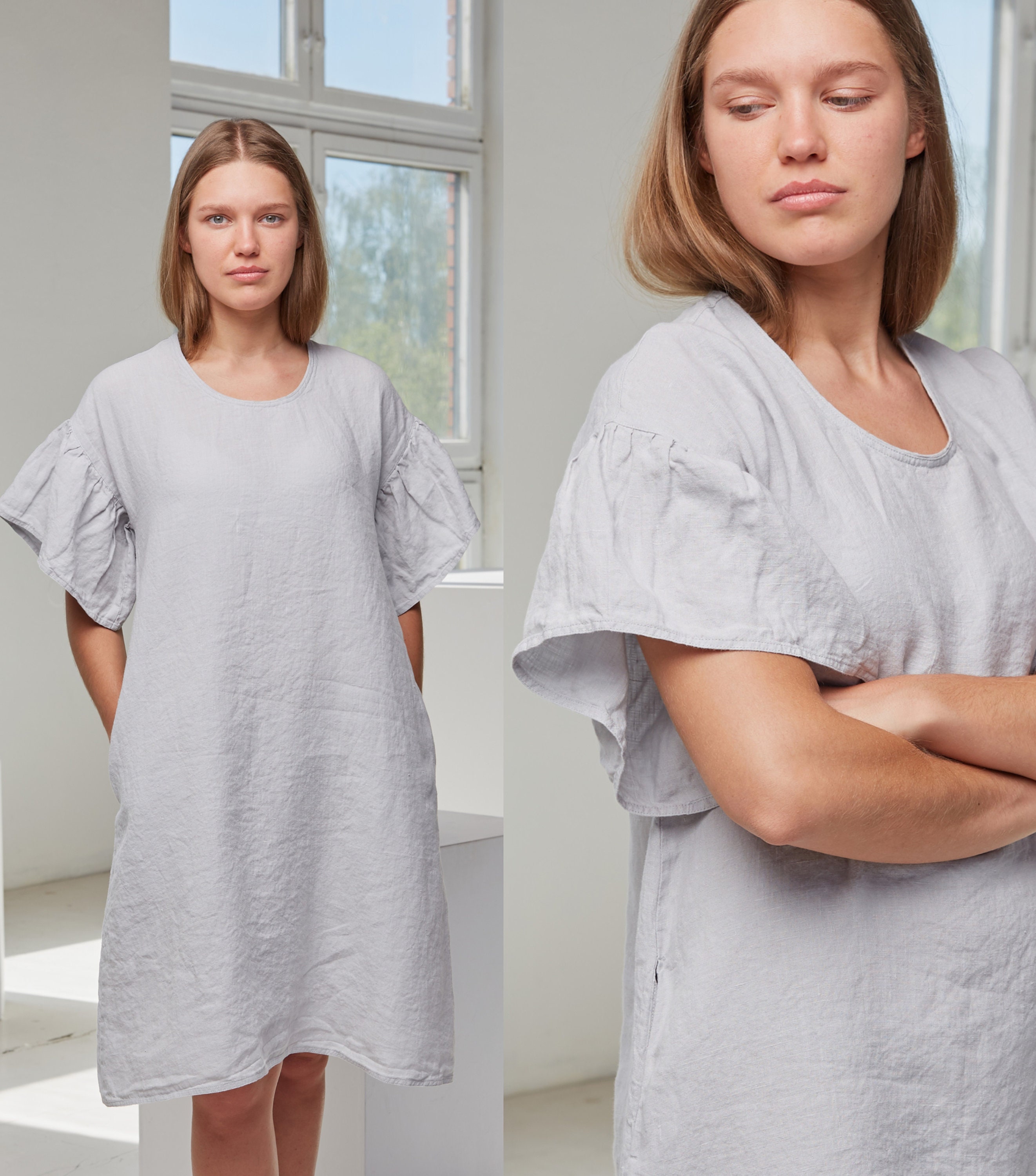 Linen Summer Tunic, Linen Ruffle Sleeve Dress, Washed and Soft Linen ...