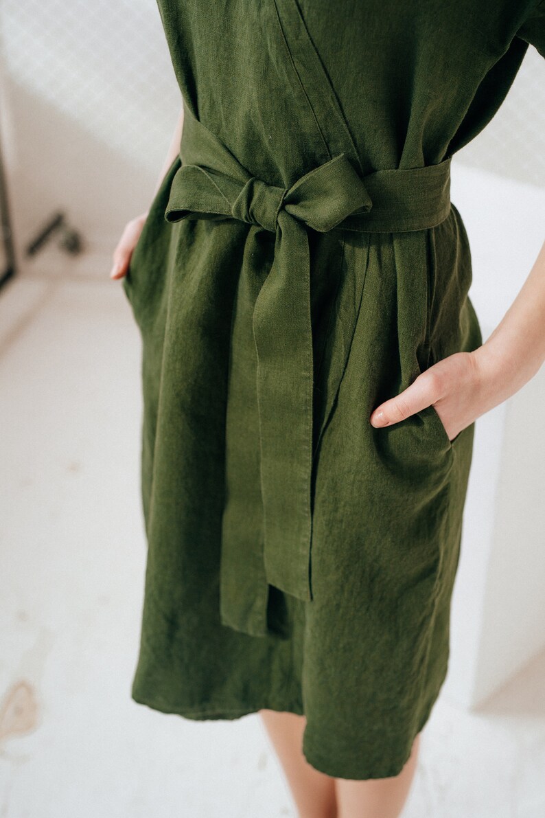 Linen Wrap Dress, Linen Robe Dress, Linen Kimono Sleeve Dress, Washed ...