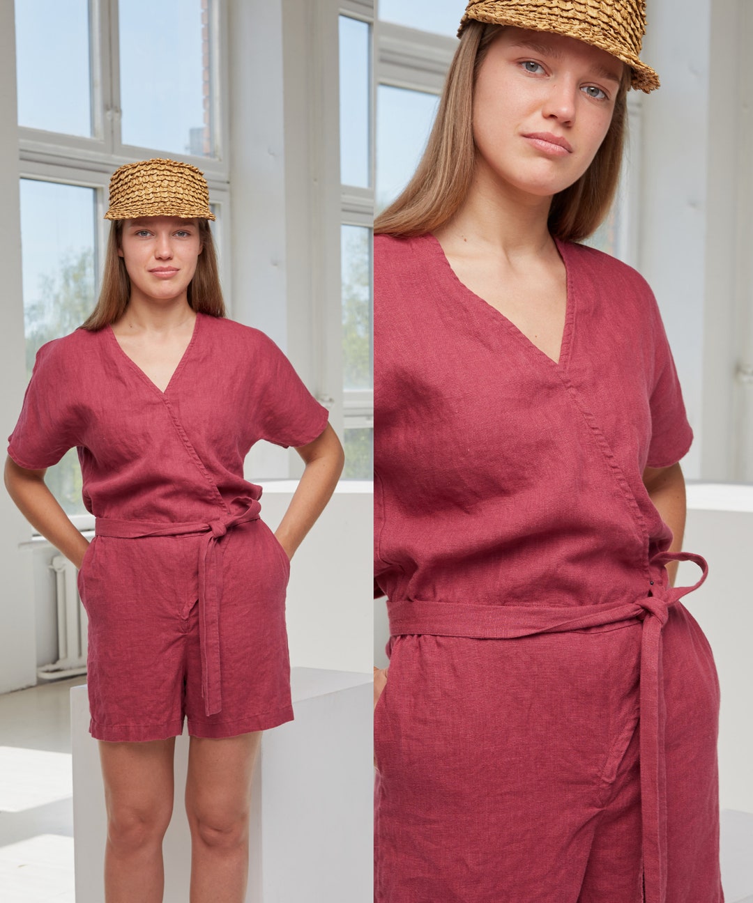 Wrap Linen Jumpsuit, Washed Linen Playsuit, Loose Linen Jumpsuit, Short ...